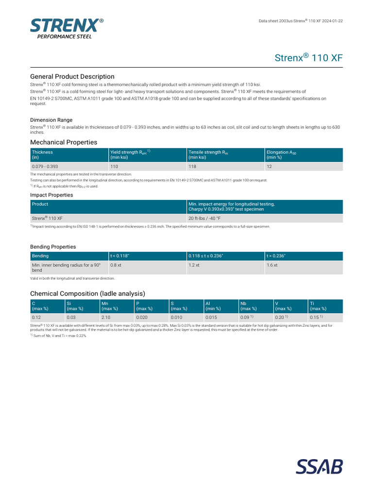 Data - Sheet - 2003us - Strenx 110 XF | PDF | Industrial Processes ...