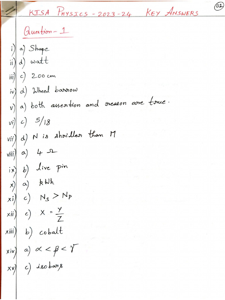 Revised Kisa Physics - 2023-24 Key Answers | PDF