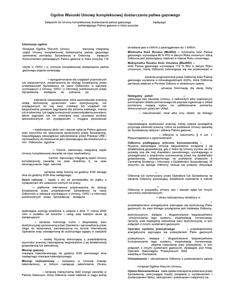 Ogolne Warunki Umowy Kompleksowej Dostarczania Paliwa Gazowego Pow. 110 KWh Od.1.08.2024 | PDF