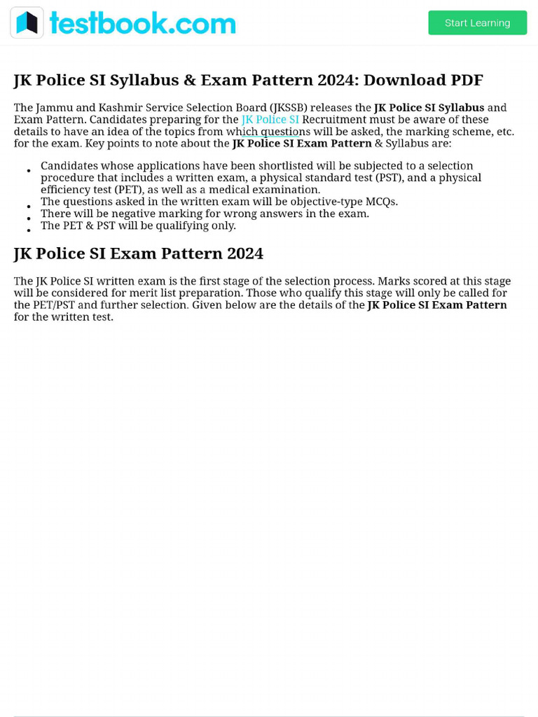 JK Police SI Syllabus & Exam Pattern 2024 - Download PDF | PDF