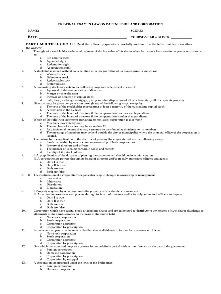 prefinal Exam | PDF | Corporations | Stocks