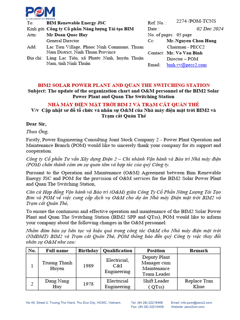 24 - 2274 - POM-TCNS - The Update of The Organization Chart and O&M ...