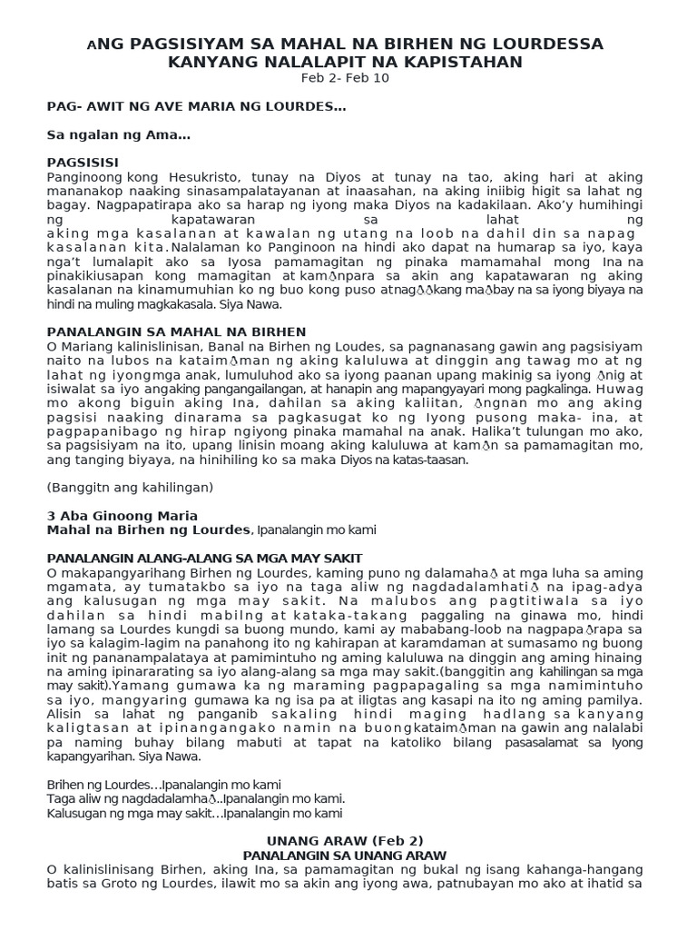 Ang Pagsisiyam Sa Mahal Na Birhen NG Lourdessa | PDF