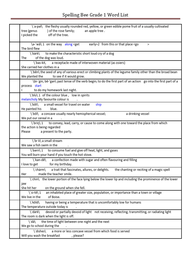 Grade 1 Spelling Bee Word List | PDF | Potato | Apple
