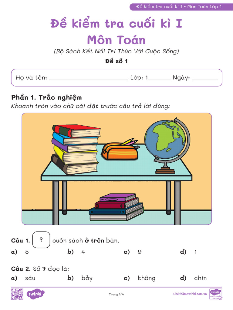 De kiem tra cuoi ki i so 1 mon toan lop 1 bo sach ket noi tri thuc voi cuoc song | PDF