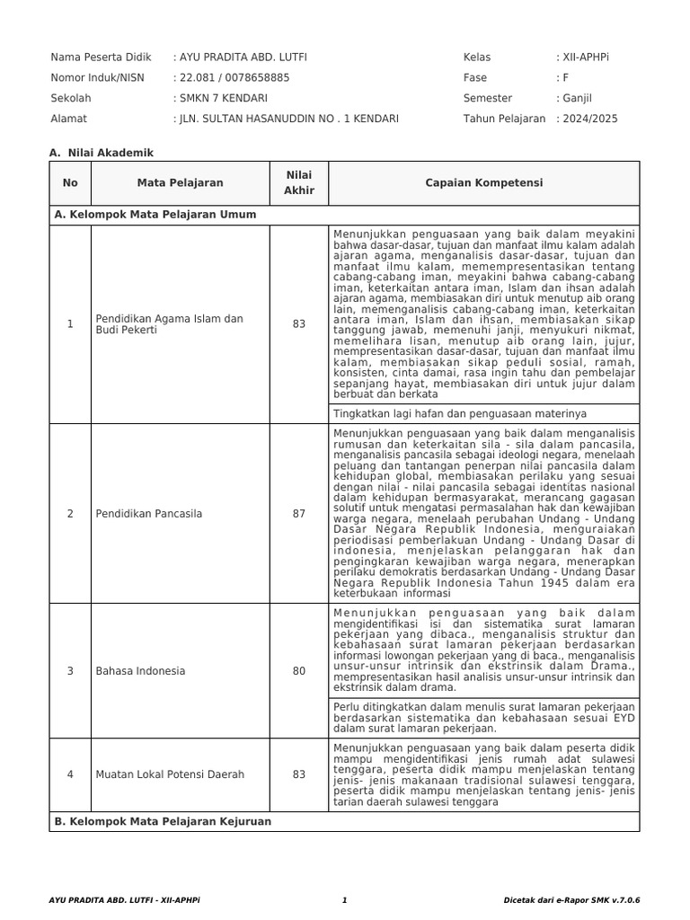 RAPOR AYU PRADITA ABD. LUTFI - XII-APHPi | PDF