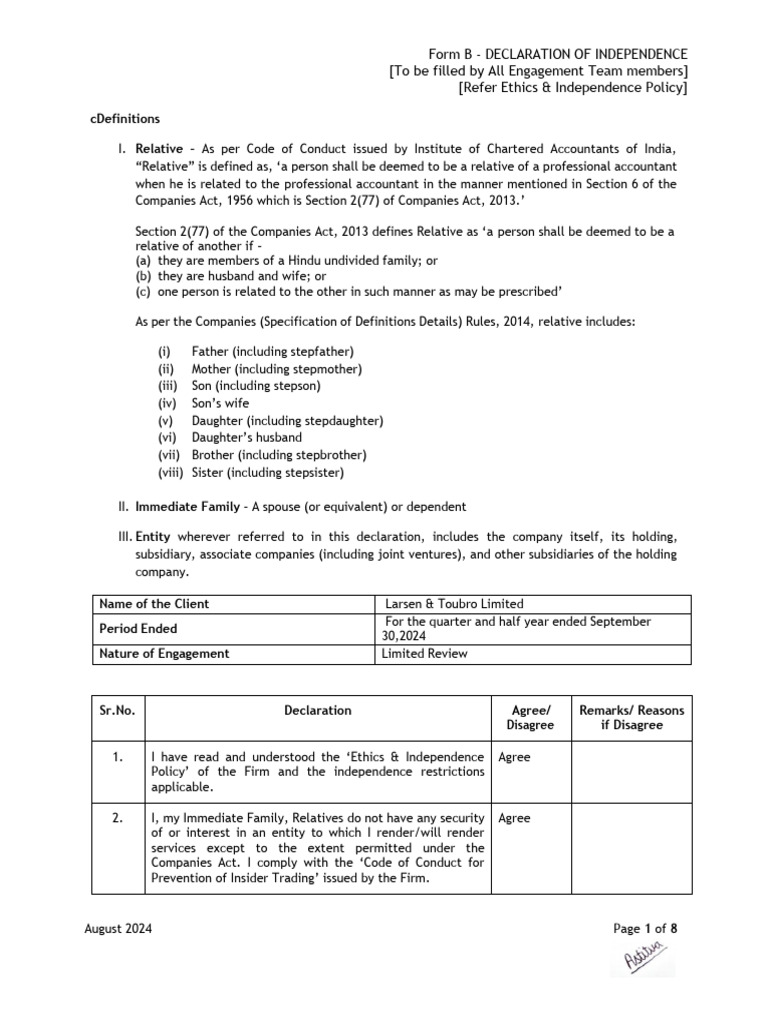 Declaration of Independence Form B | PDF | Audit | Financial Statement