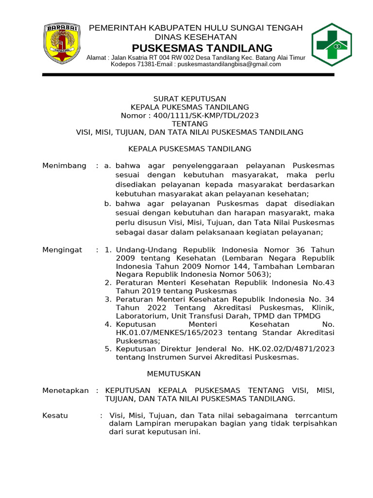 1111 SK Visi Misi Tujuan Tata Nilai Tandilang 0923 | PDF