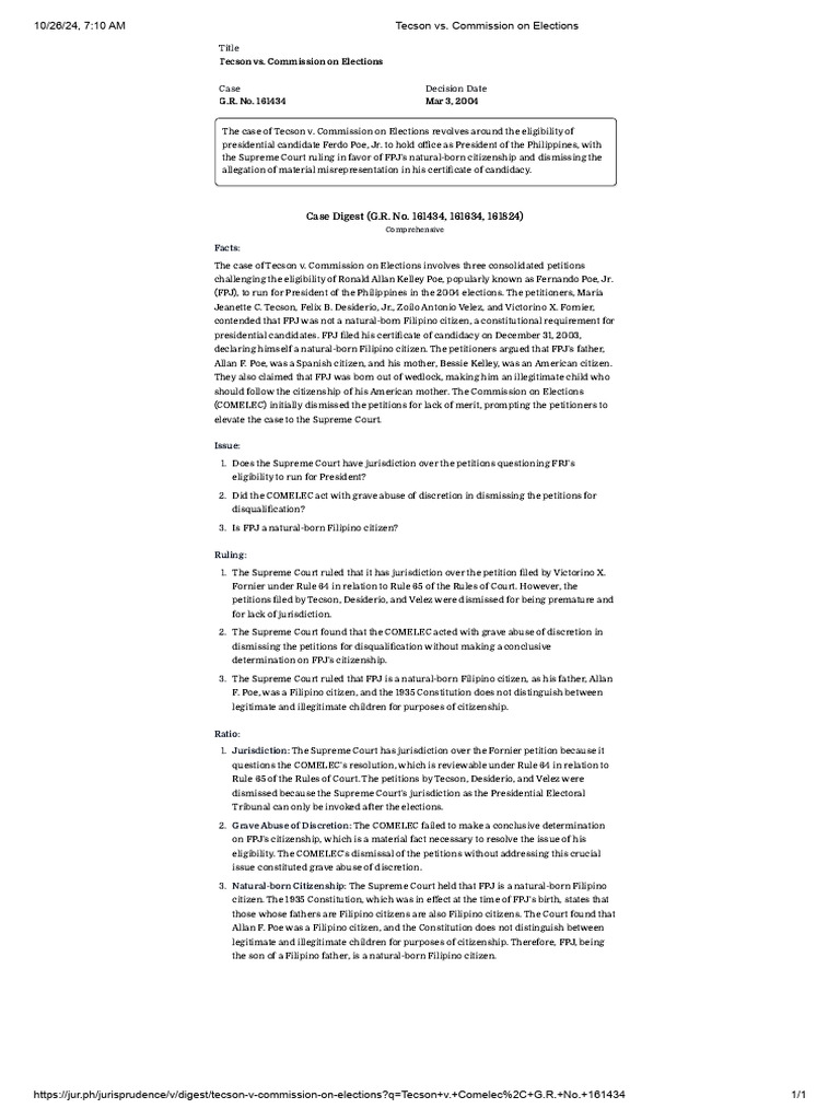 Tecson vs. Commission On Elections | PDF | Jurisdiction | Citizenship