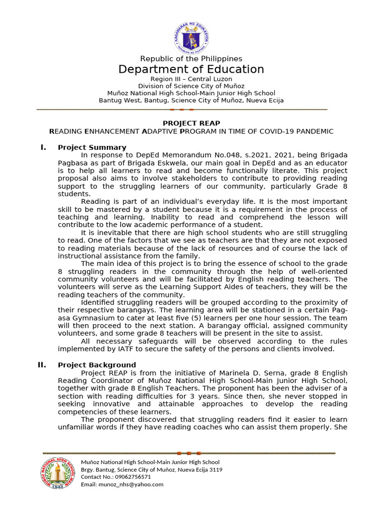 FINAL - Grade 8 Reading Proposal SY 2021-2022 | PDF | Teachers | Learning