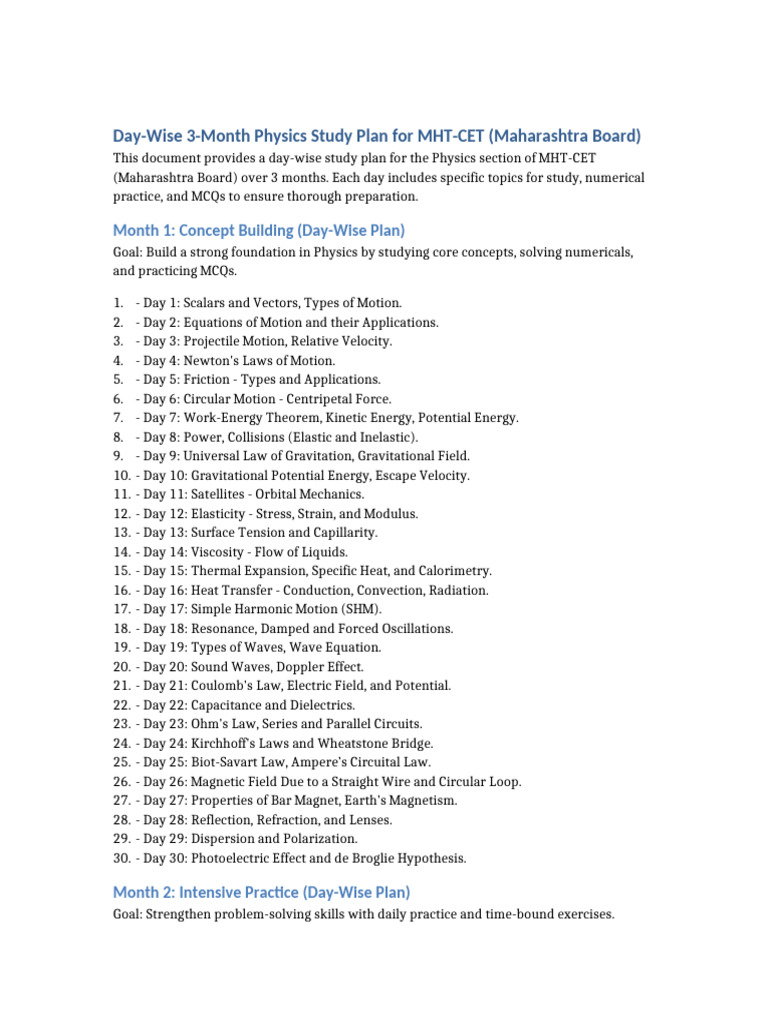 Day Wise MHT-CET Physics Study Plan | PDF | Force | Waves