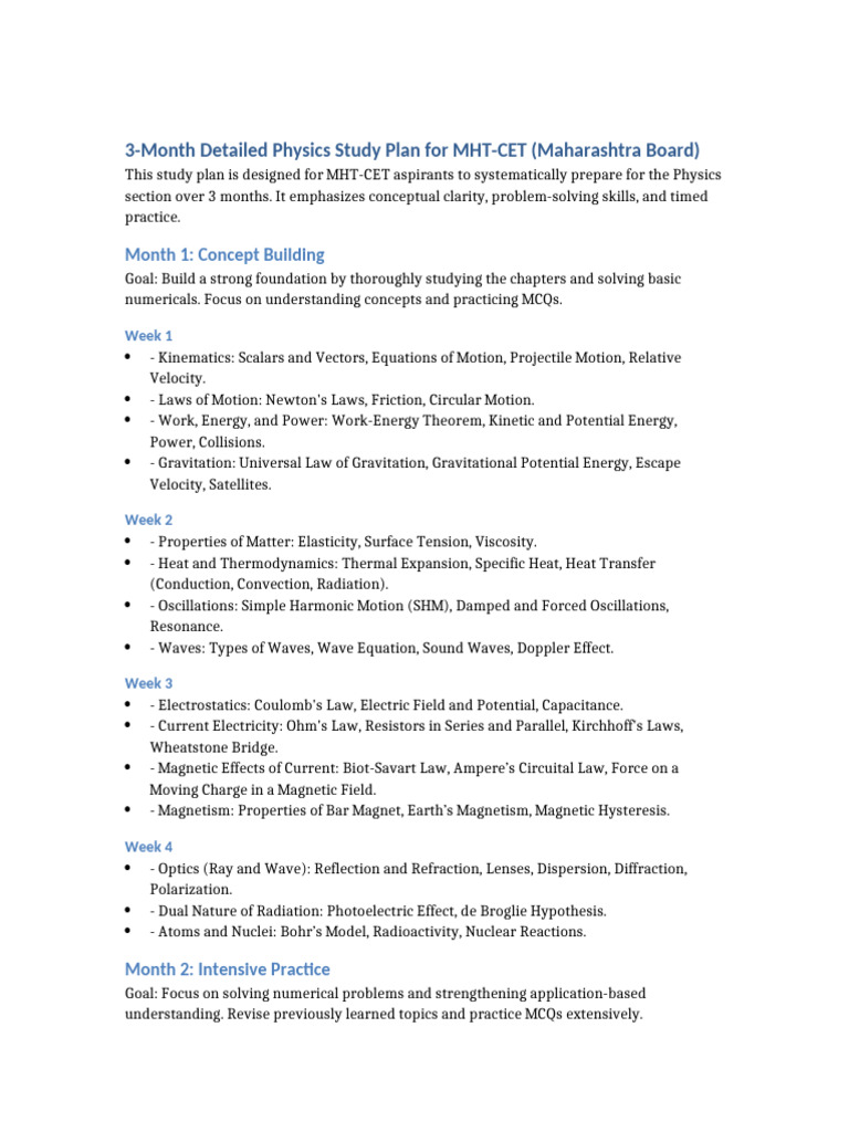MHT-CET 3-Month Physics Study Plan | PDF | Waves | Physics