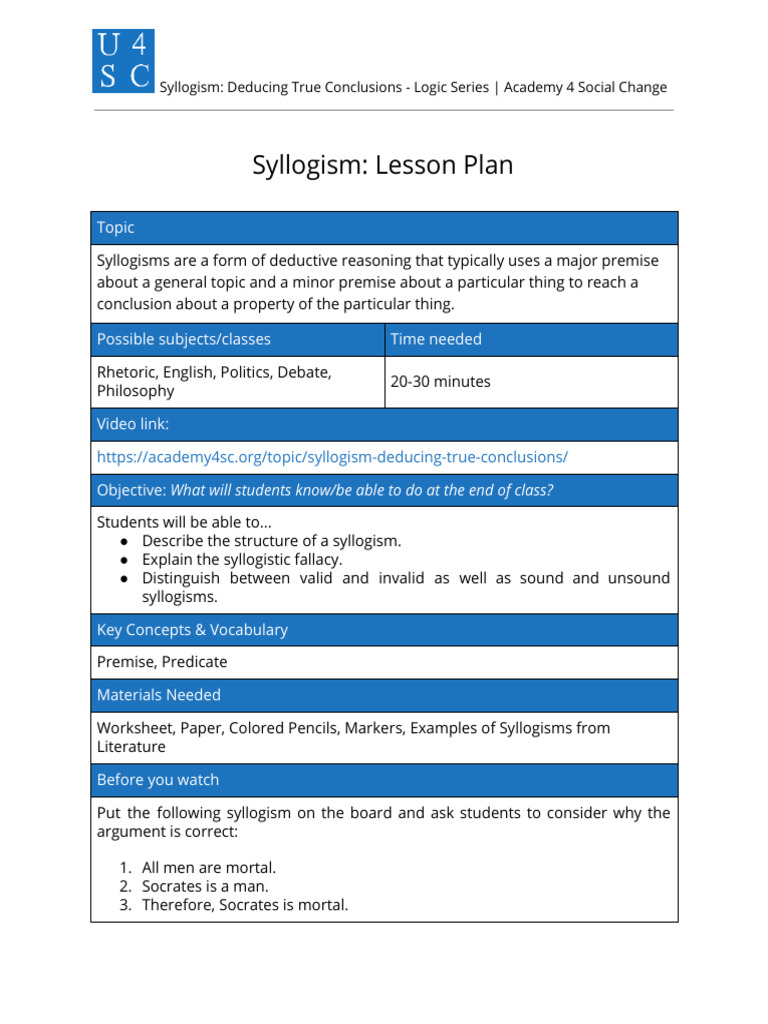 Syllogism: Lesson Plan: Topic | PDF | Deductive Reasoning | Argument