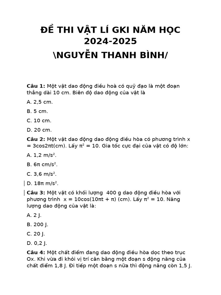 ĐỀ THI VẬT LÍ GKI - BÌNHHHH | PDF
