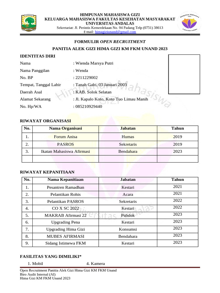 Formulir Open Recruitment Alek Gizi | PDF