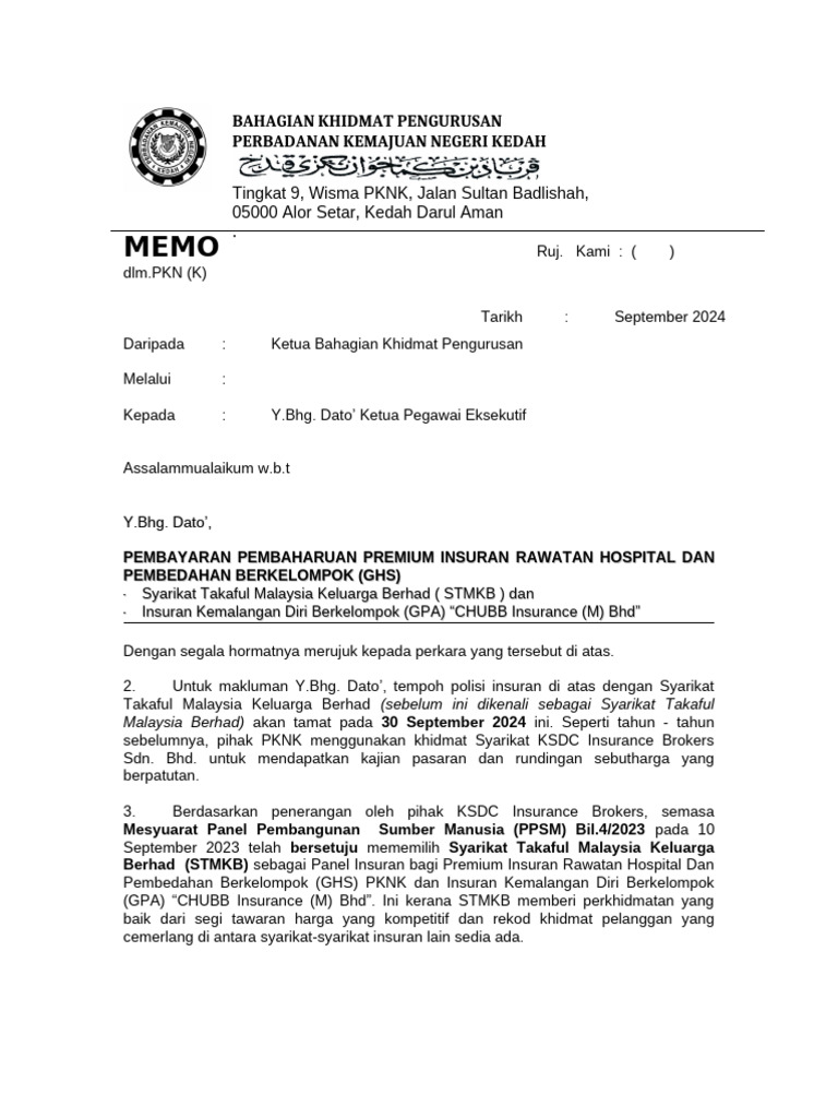 Contoh memo kpd KE utk Reniew GHS | PDF