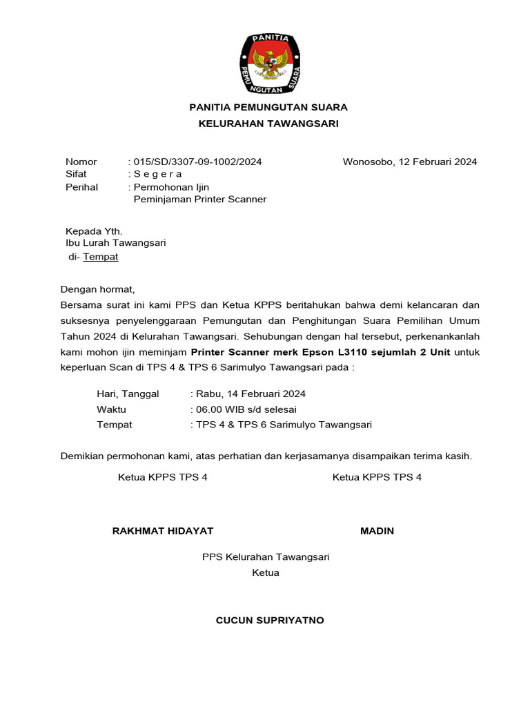 Permohonan Pinjam Printer untuk Pemilu | PDF