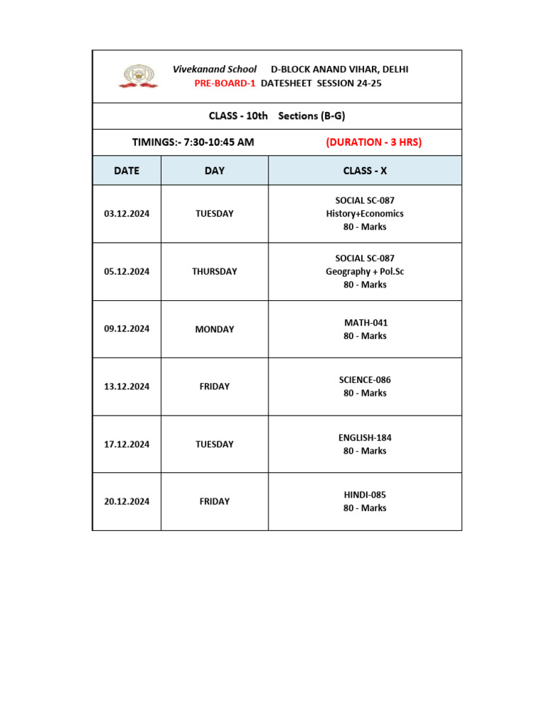 Pre Board 1 Date Sheet 10th B G 24 25 | PDF