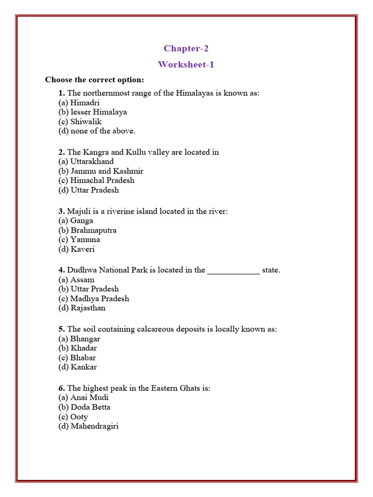 Geography Worksheet: Himalayas & Indian Geography | PDF