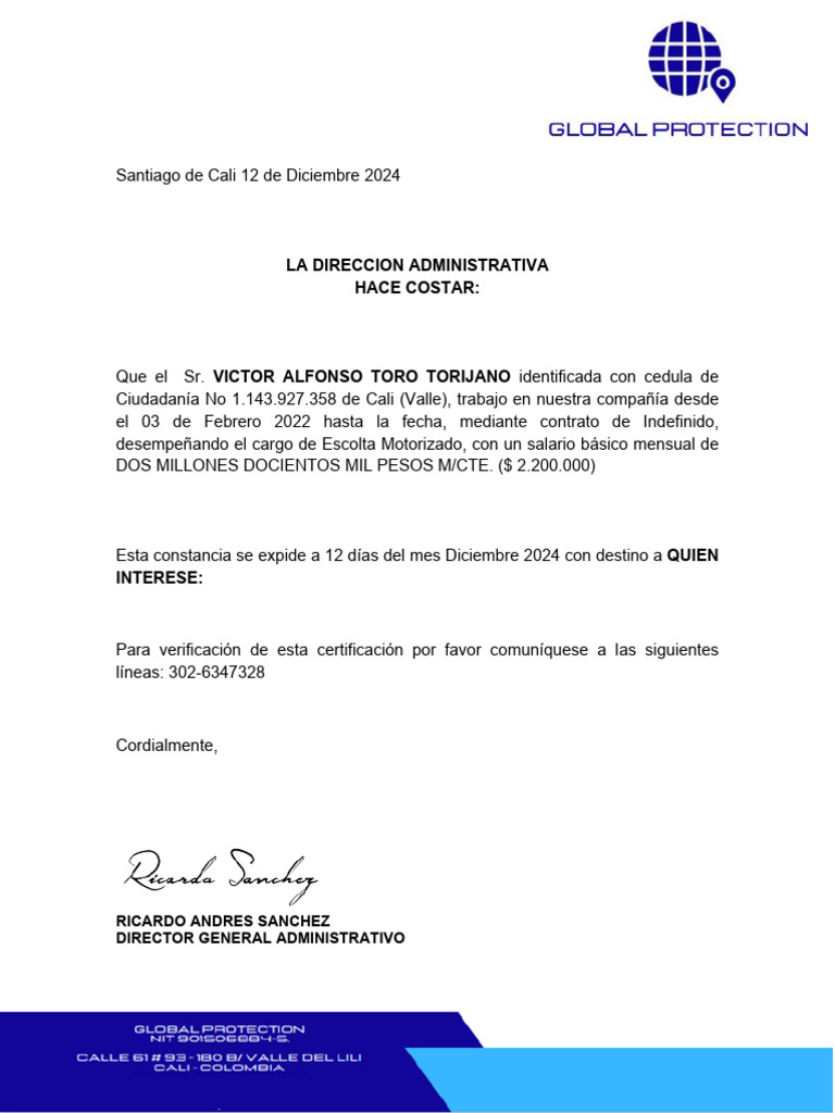 Constancia Laboral de Víctor Toro 2024 | PDF