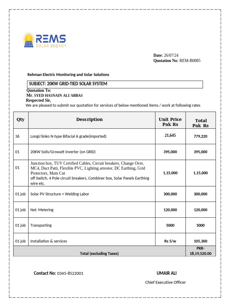 Subject: 20Kw Grid-Tied Solar System: 26/07/24 REM-B0085 | PDF