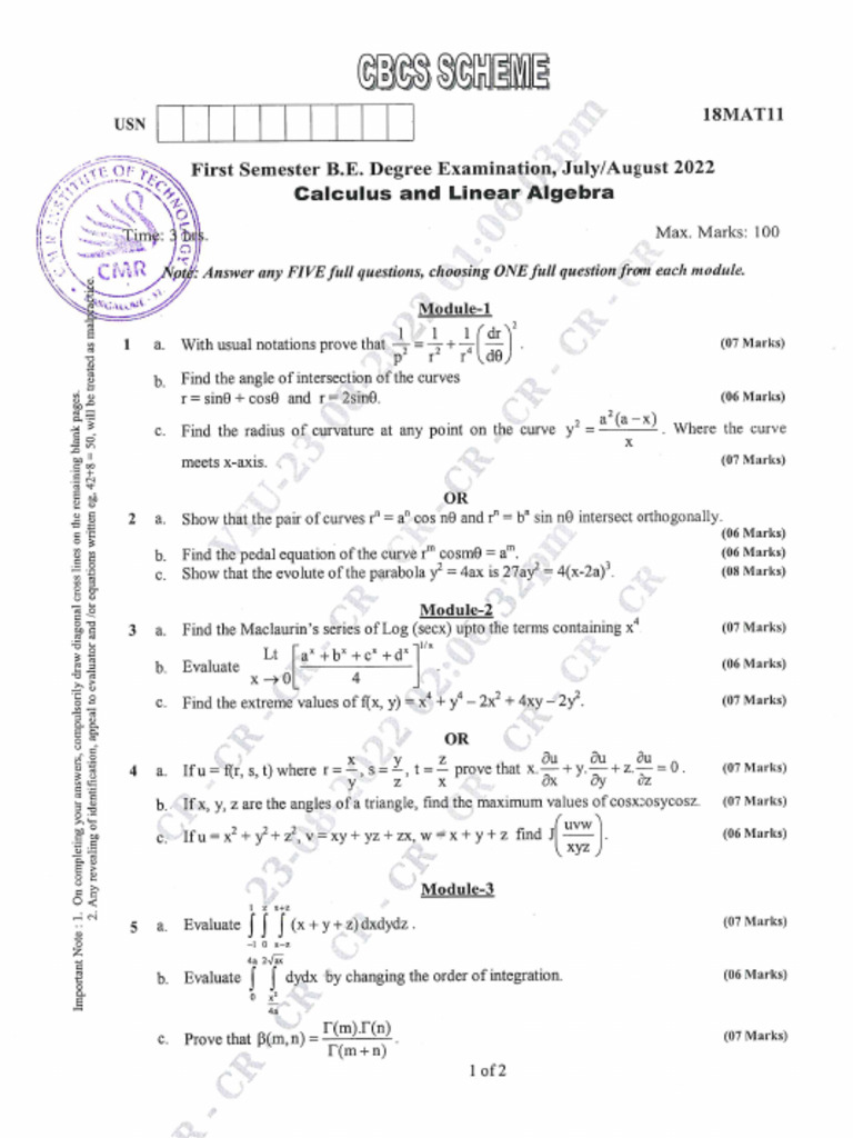 VTU Exam Question Paper With Solution of 18MAT11 Calculus and Linear ...