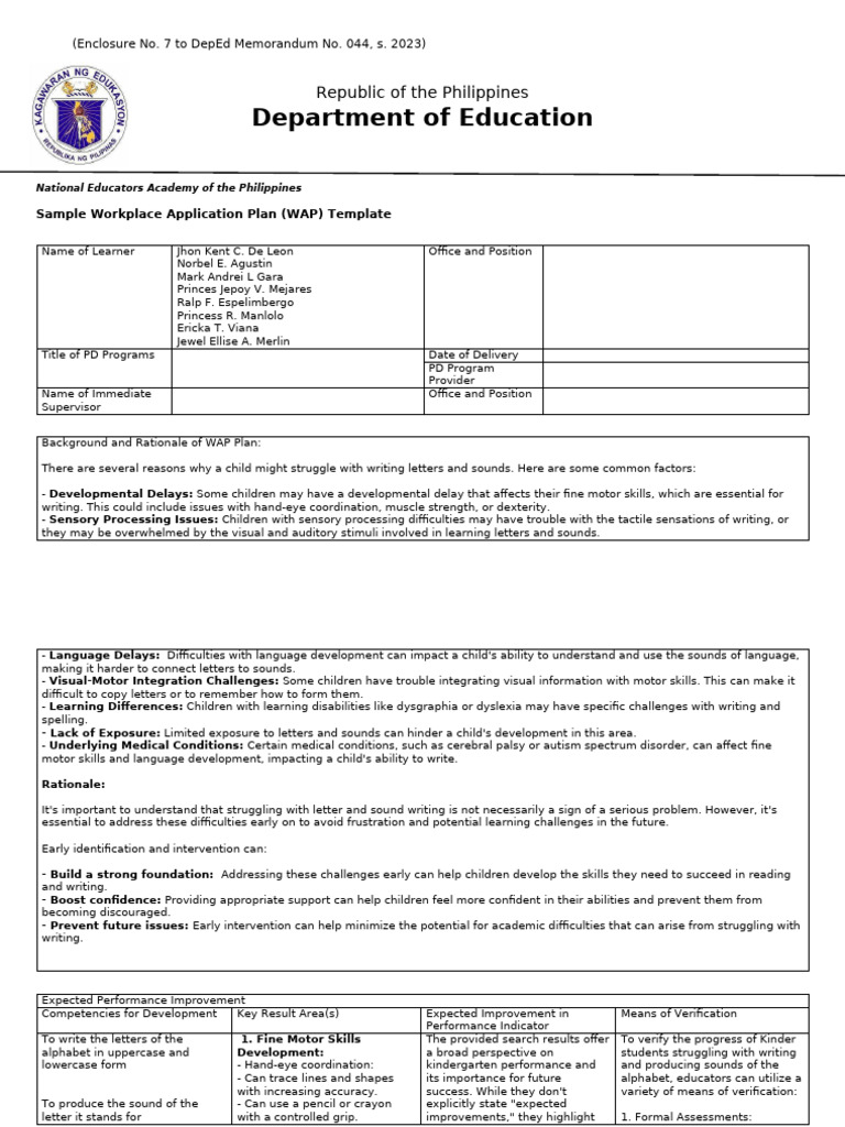 Workplace Application Plan WAP Template Sheril | PDF | Behavioural Sciences | Psychological Concepts