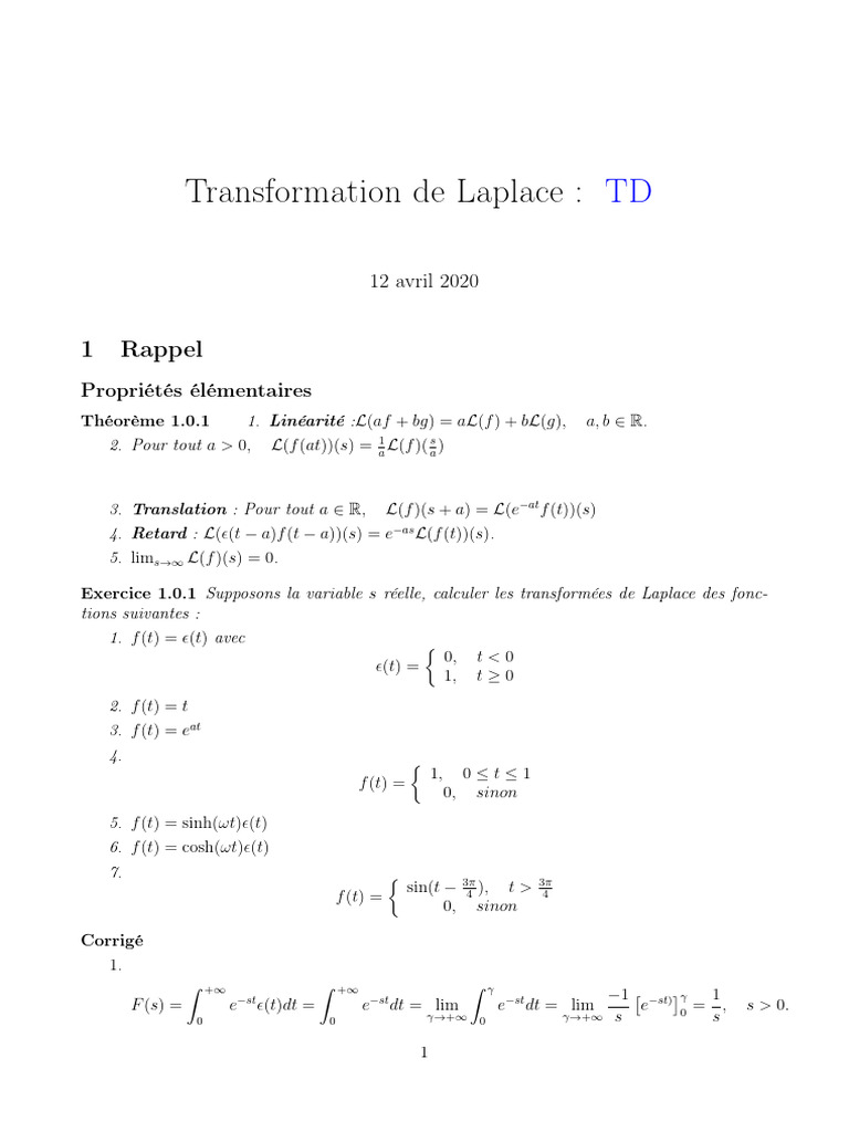 Transformée de Laplace : Exercices et Corrigés | PDF | Transformation ...