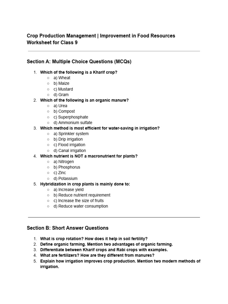 Class 9 Crop Production Management Worksheet | PDF | Fertilizer ...