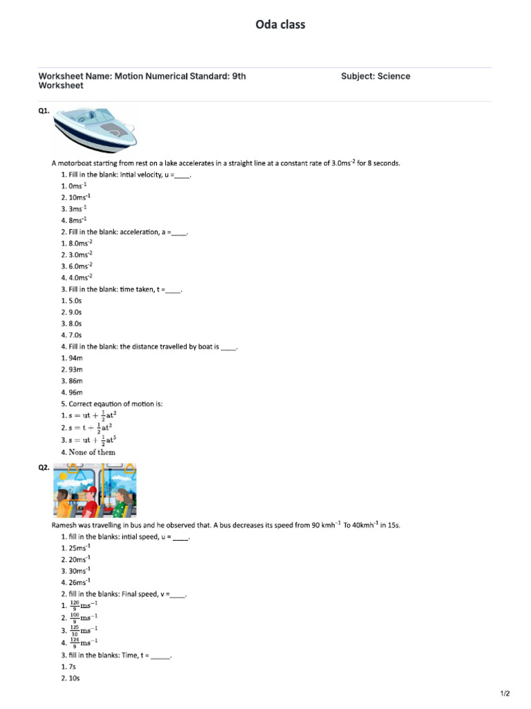 Motion Numerical Worksheet | PDF