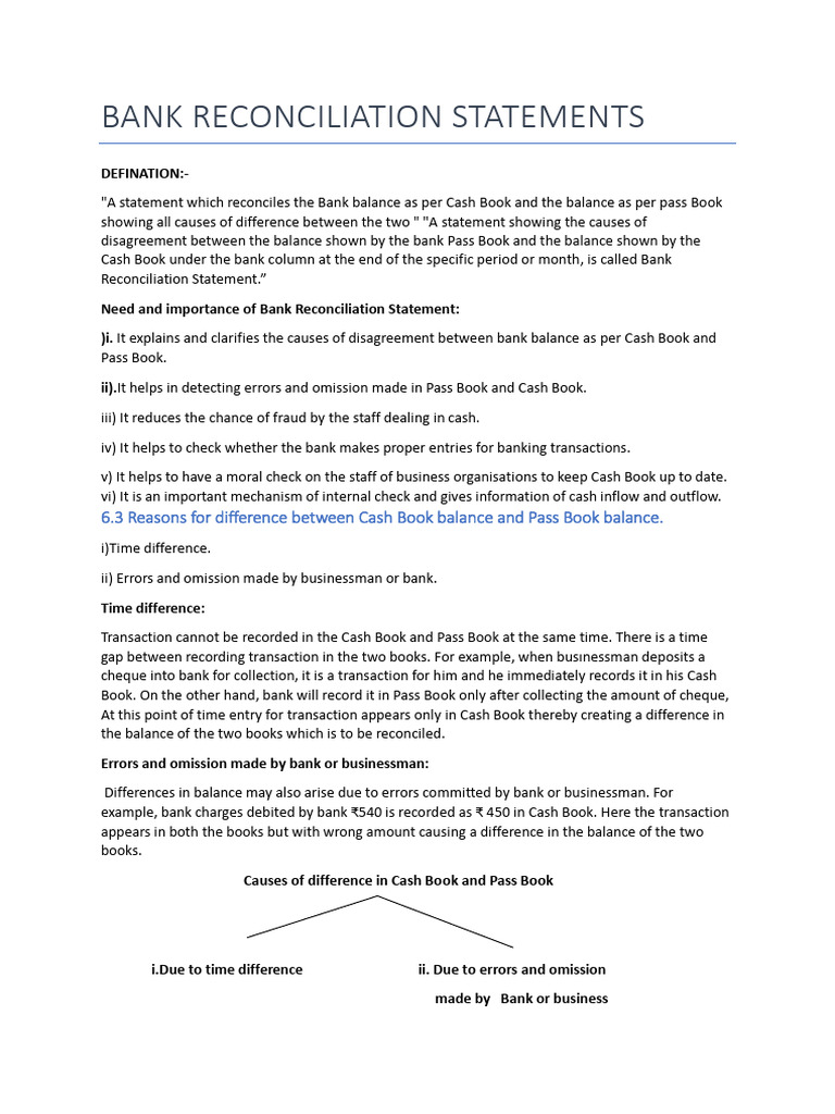 Bank Reconciliation Statement Overview | PDF | Banks | Overdraft