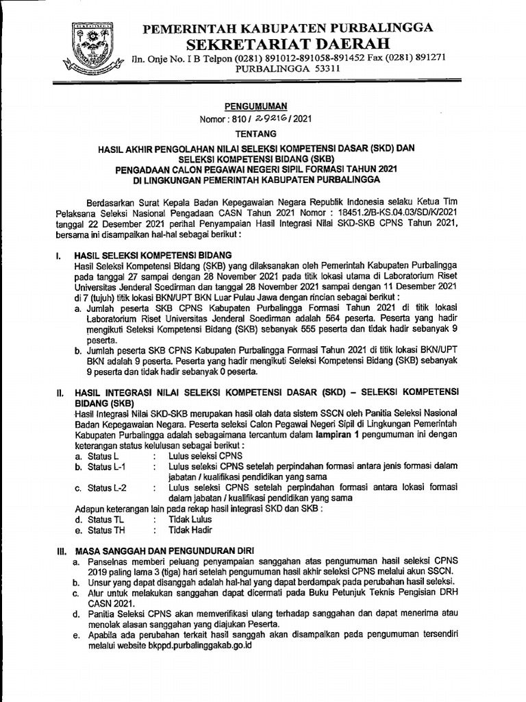 Hasil Integrasi SKD Dan SKB Tahun 2021 Kab. Purbalingga | PDF