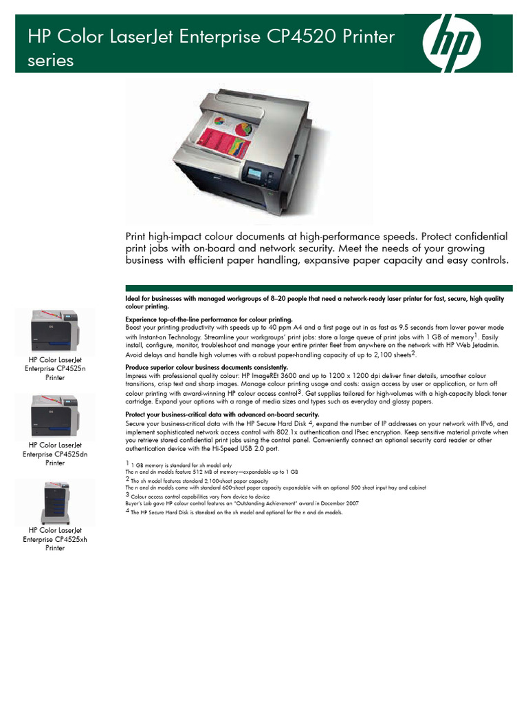 HP Color LaserJet Enterprise CP4525 Printer Datasheet | PDF | Printer (Computing) | Computer Network