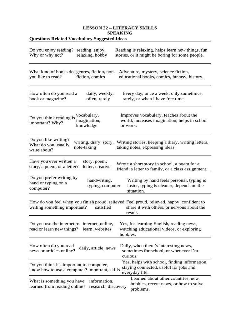 Lesson 22 - Literacy Skills | PDF | Literacy | Vocabulary
