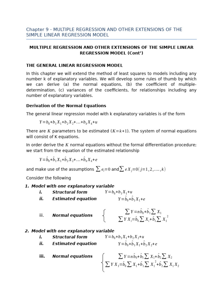 Chapter 9 - MULTIPLE REGRESSION AND OTHER EXTENSIONS OF THE SIMPLE LINEAR REGRESSION MODEL | PDF ...