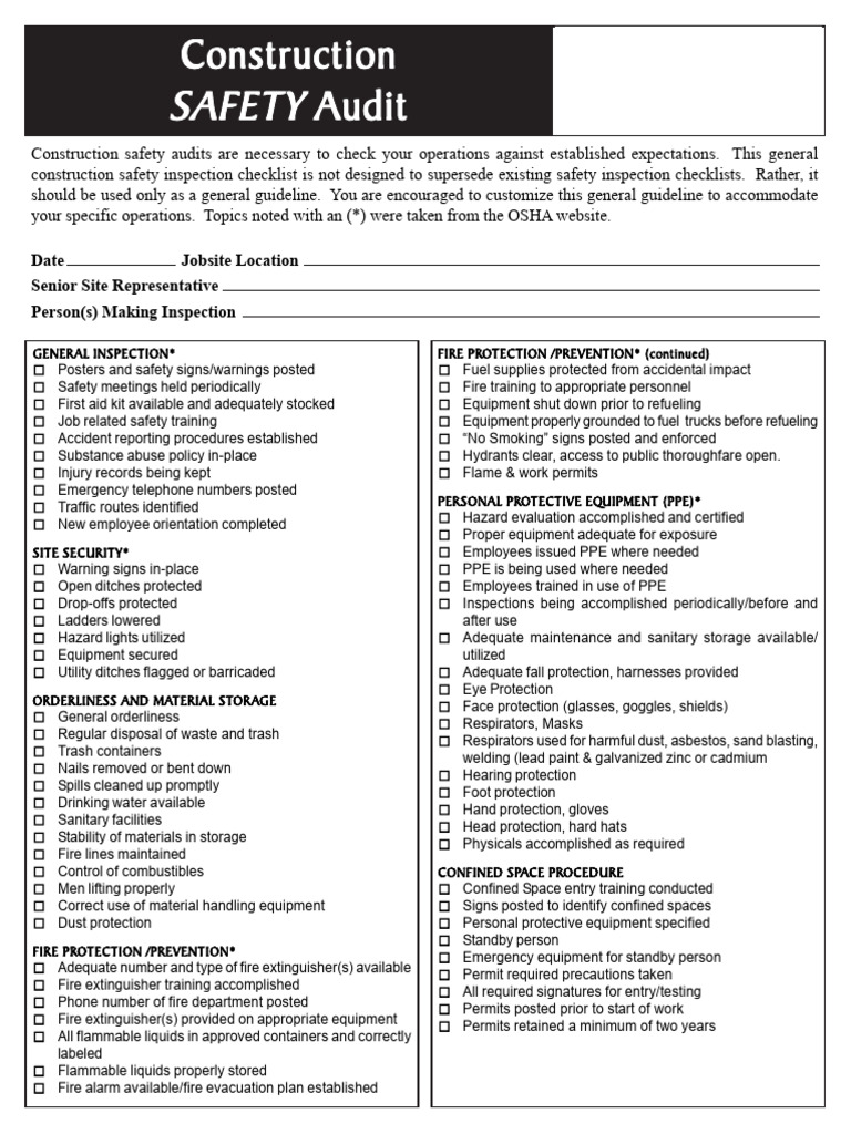 Construction - Safety - Audit Checklist | PDF | Personal Protective ...