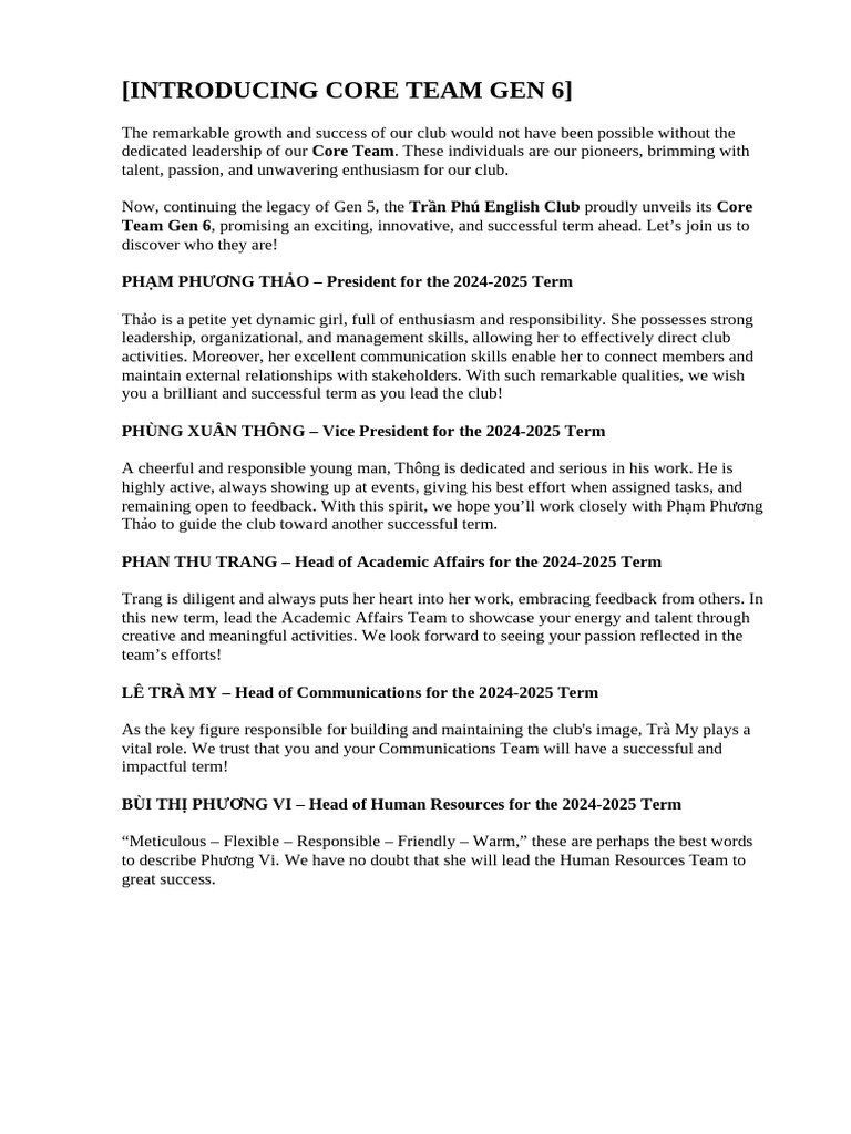 GIỚI THIỆU CORE TEAM GEN 6 | PDF