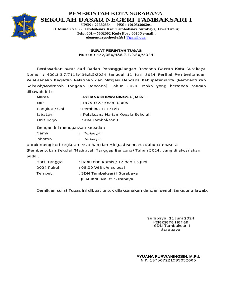 Surat TUGAS Pelatihan Dan Mitigasi Bencana-2 - 240607 - 093411 | PDF