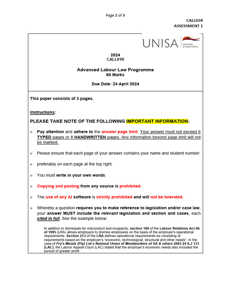 Advanced Labour Law Assessment 2024 | PDF | Private Law | Business