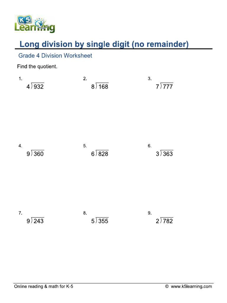Grade 4 Division Worksheet - Long division by single digit (no ...