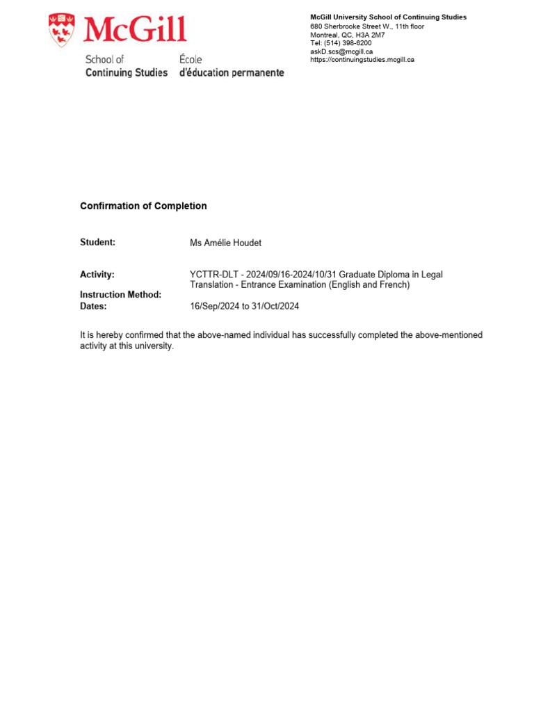 Confirmation of Completion Letter Student | PDF