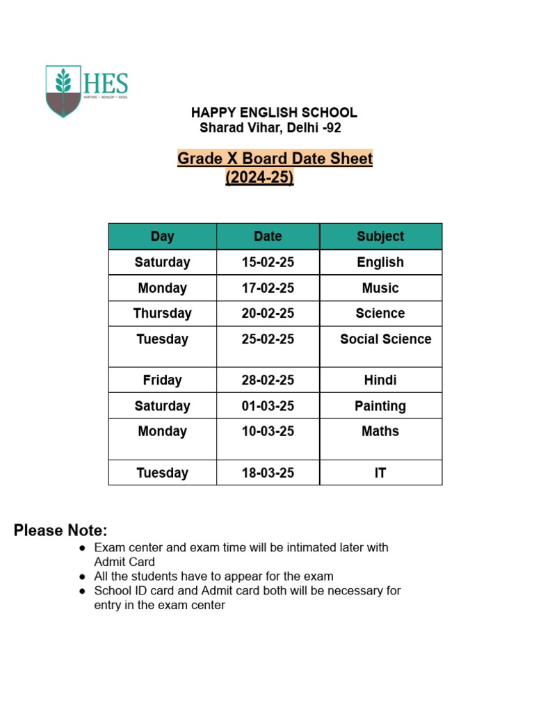 Grade X Board Date Sheet | PDF