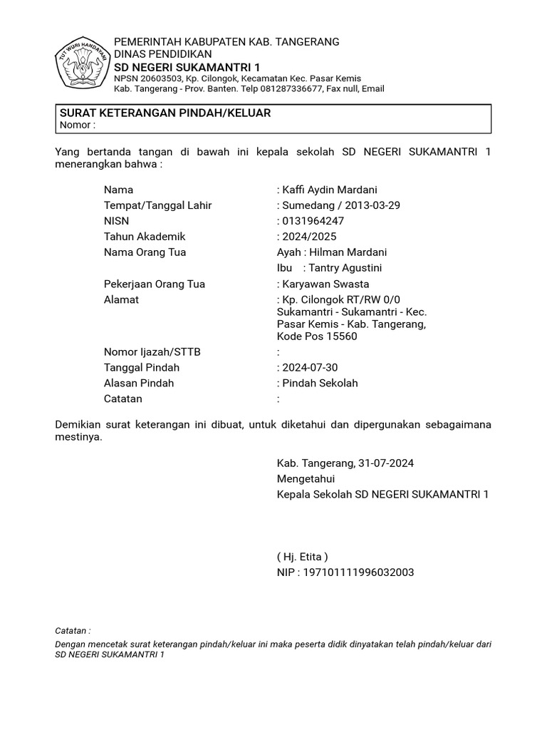 Surat Keterangan Pindah Kaf Aydin Mardani | PDF