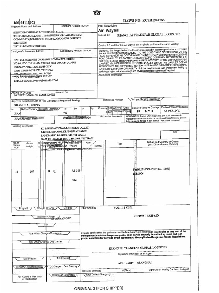 HAWB - KCSH1904785 | PDF