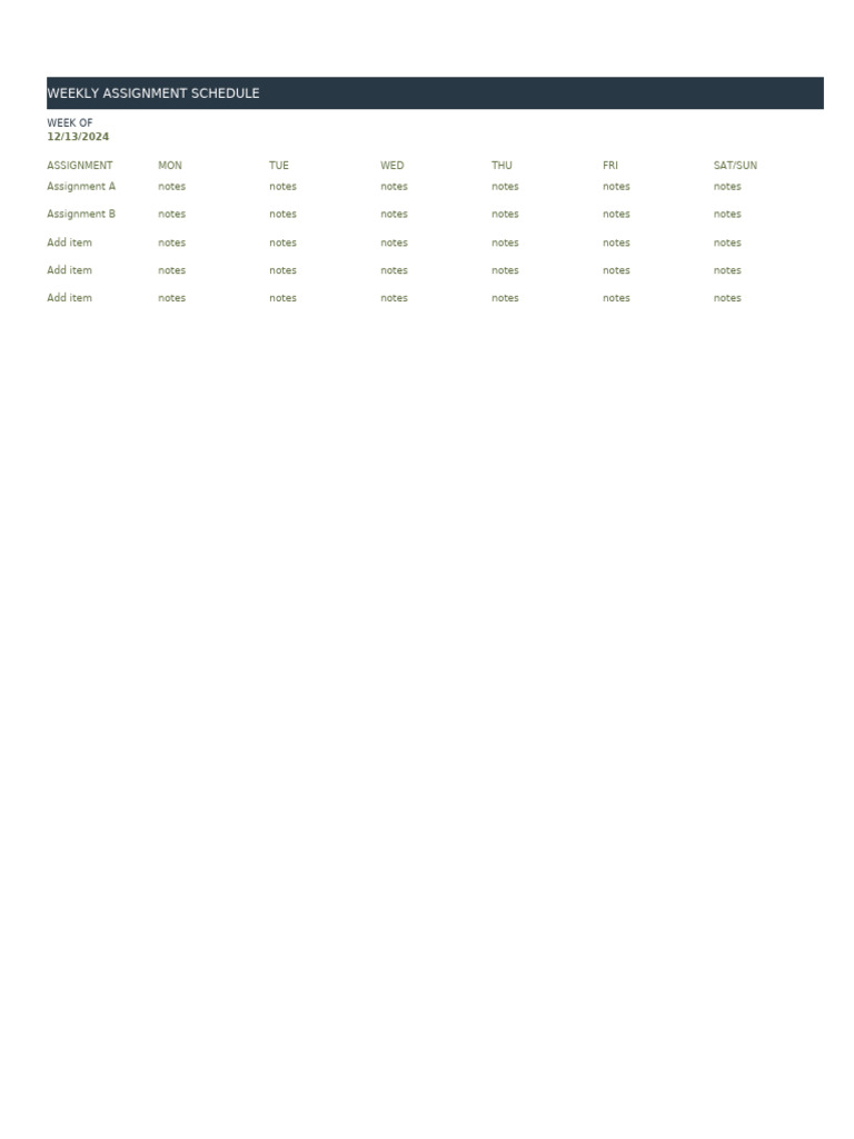 Weekly Assignment Schedule | PDF