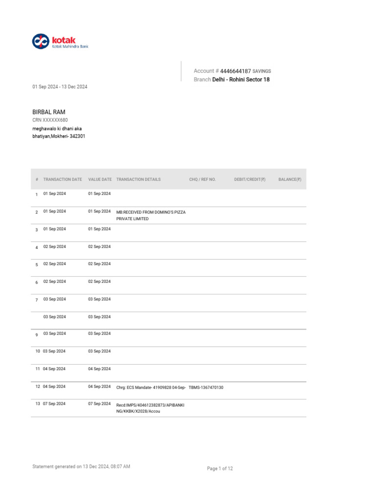 Account Statement: Birbal Ram | PDF | Debits And Credits | Payments