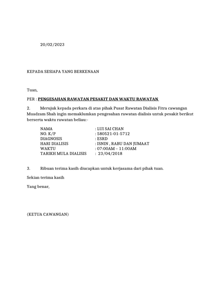 Surat Pengesahan Rawatan | PDF