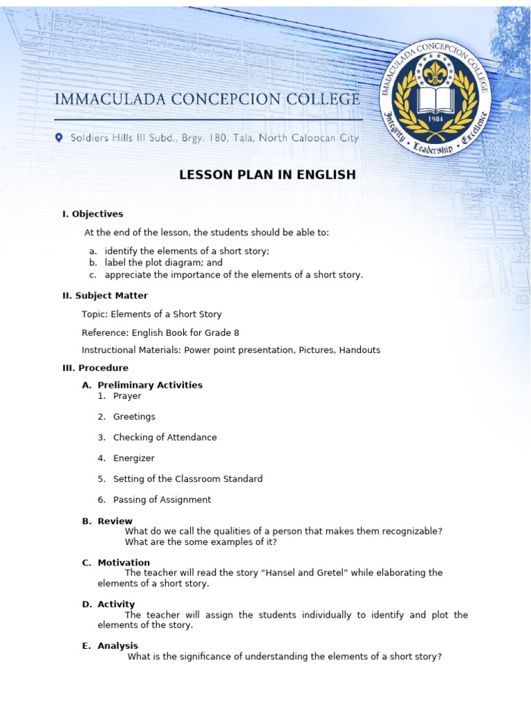 Short Story Elements Lesson Plan | PDF