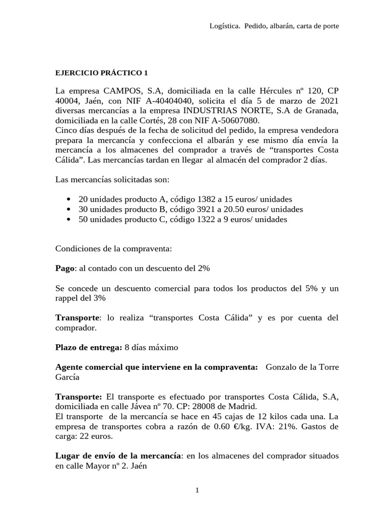 Logística: Pedido y Albarán Ejercicios | PDF