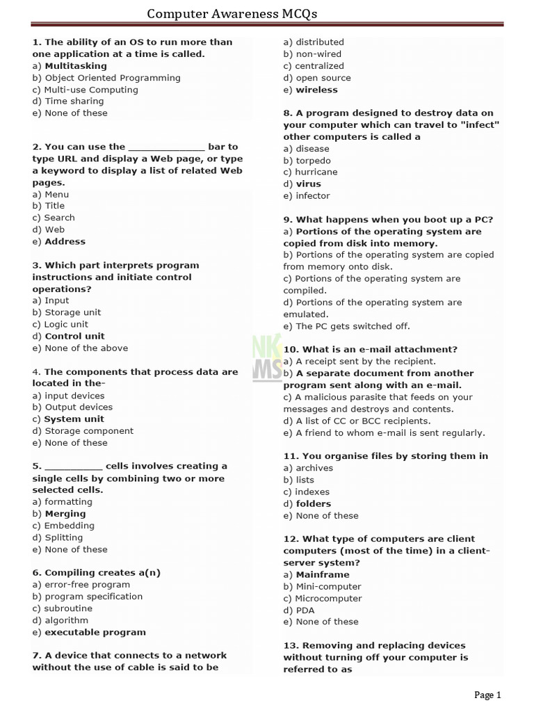 1000 computer mcqs | PDF | Random Access Memory | Computer Data Storage